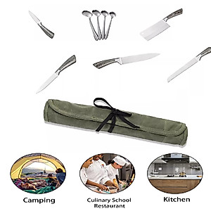 Senvitate Knife Roll, Waxed Canvas Chef's Knife Roll Bag, 7 Knife Slots for Cutlery Knives and Kitchen Utensils, Knife Storage Case Knife Carrier Perfect for the Traveling Chef (Army Green)