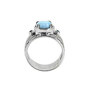 YoTreasure Larimar Swiss Blue Topaz 925 Sterling Silver Antique Three Stone Ring