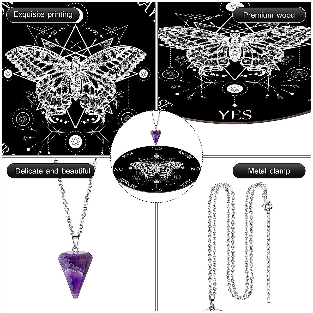 Blulu Butterfly Pendulum Board Dowsing Necklace Divination Altar Witchcraft Wooden Kit Chart Wiccan Wand Crystal Divinity Metaphysical Message Quartz Chakra Healing Stone(Black)