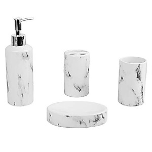 Home Basics Marble Ceramic 4 Piece Bath Accessory Set, White | Faux Marble Toilet Brush Set, White | Faux Marble 3 Liter Waste Bin, White