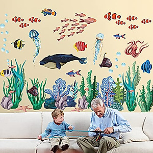 RW-1029 3D Removable Ocean Animals Wall Decals Under The Sea Animals Wall Stickers Fish Whale Seaweed Coral Decals DIY Marine Animals Sea View Wall Art Decor for Kids Baby Bedroom Living Room Nursery