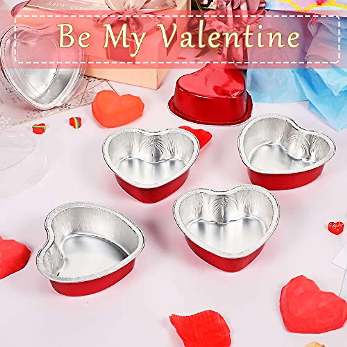 Aluminum Foil Cake Pan Heart Shaped Cupcake Cup with Lids 100 ml/ 3.4 Ounces Disposable Mini Cupcake Cup Flan Baking Cups for Valentine Mother's Day Wedding Xmas Birthday (Red,40 Sets)