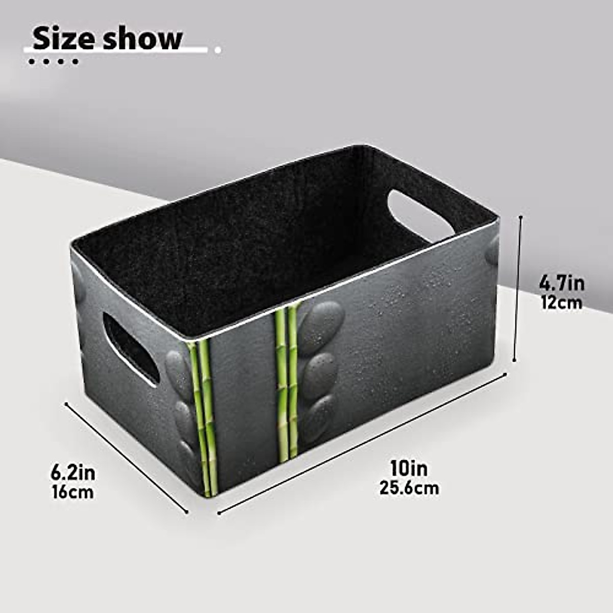 Poeticcity Black Zen Basalt Stones with Dew Green Bamboo on Dark 2 PCs Collapsible Felt Cloth Storage Box, Rectangular Desk Organizer Basket Bin, Detachable Laundry Hamper Counter Holder Box
