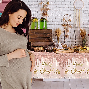 Juweked 3Pcs Pink and Gold Baby Shower Tablecloth for Girl Baby Shower Table Cloths Rectangle Girl Baby Shower Table Cloth Baby Shower Plastic Table Cover Gender Reveal Decor, 70.8" x 42.5"