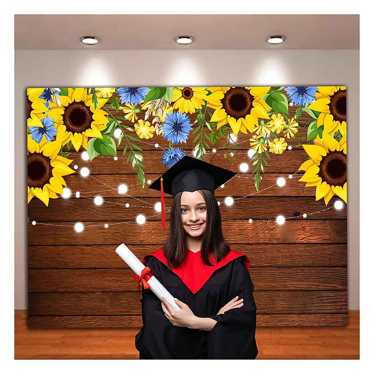 Rustic Sunflower Wooden Photo Banner 7x5ft Summer Floral Brown Wood Photography Backdrop Congrats Grad Prom Birthday Baby Shower Bridal Shower Wedding Background Supplies