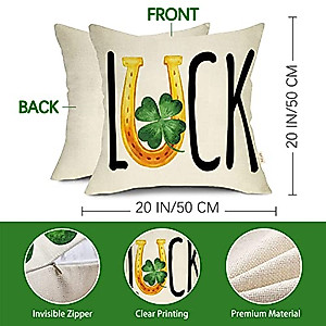 Fjfz St. Patrick's Day Luck Clover Decorative Throw Pillow Covers 20 x 20 Set of 4, Green Shamrock Horseshoe Holiday Porch Patio Home Decor, Irish Lucky in Love Gifts Outdoor Sofa Couch Cushion Case