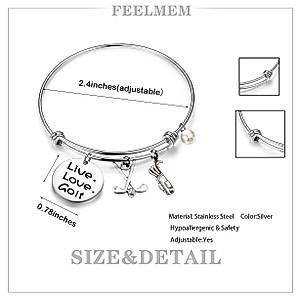 FEELMEM Golf Bracelet Live Love Golf Expandable Charm Bracelet Golf Jewelry Gift for Golf Lover/Golf Club/Golf Team（silver）