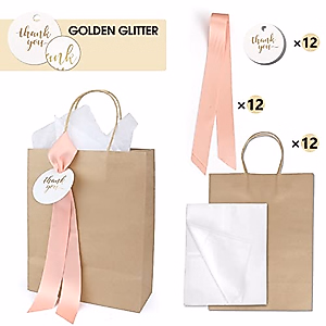 Lesumoo 12 Pack Thank You Gift Bags with Pink Ribbons and Thank You Cards, 8x4.75x10 Small Brown Gift Bags for Wedding Guests Bridal Shower Birthday Party