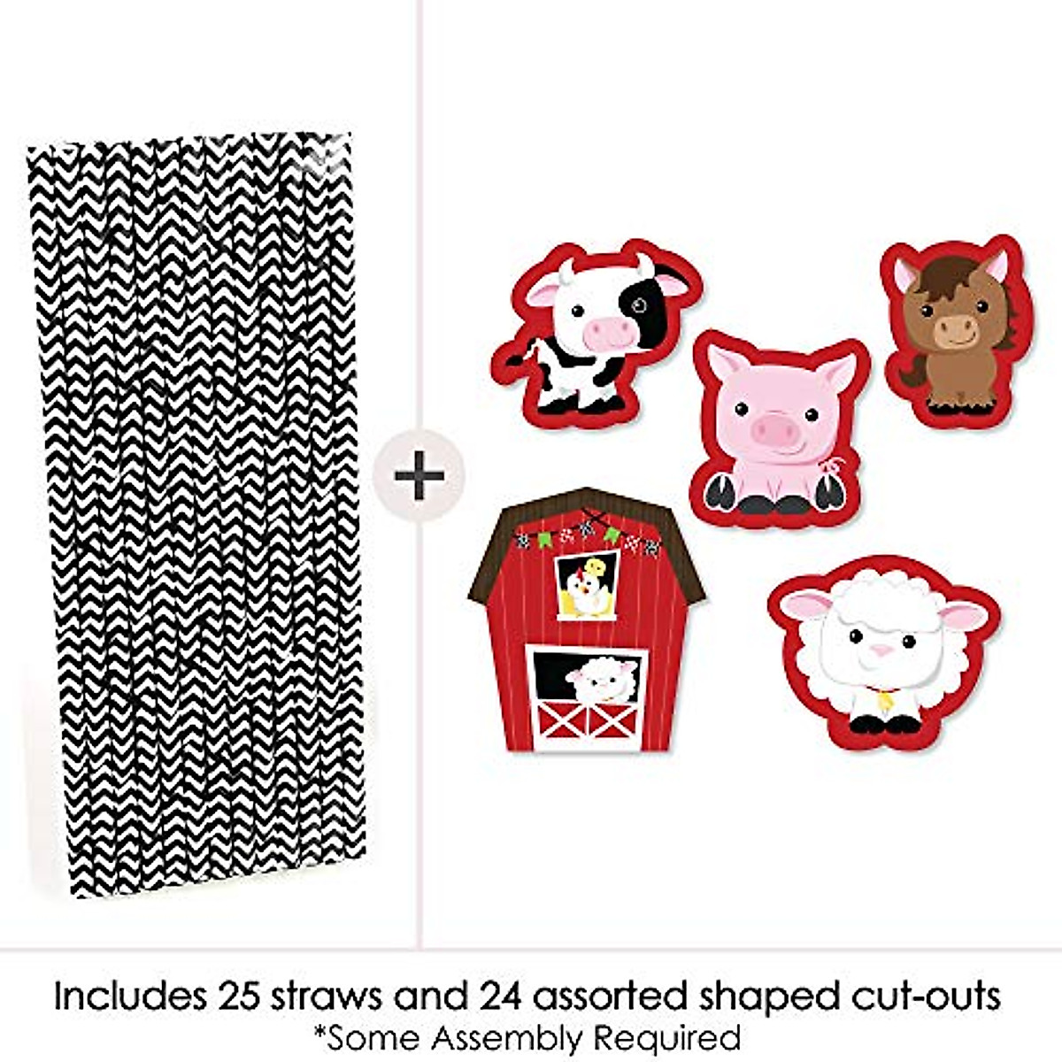 Farm Animals Paper Straw Decor - Baby Shower or Birthday Party Striped Decorative Straws - Set of 24