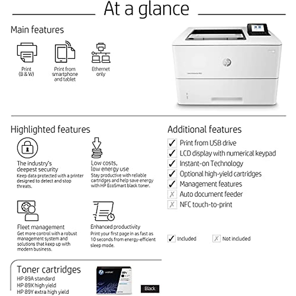 HP Laserjet Enterprise M507n Print Only Wired Monochrome Laser Printer, White - 2.7" LCD, 45 ppm, 1200 x 1200 dpi, 1.5GB Memory, 650 Sheets Input, USB 2.0 Ethernet Connectivity, Cbmou Printer Cable