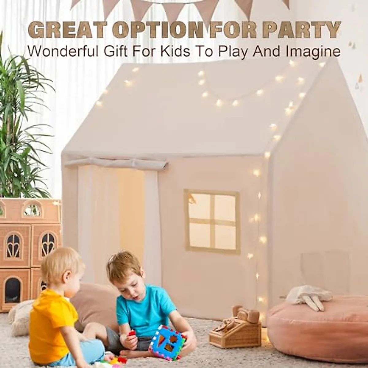 TreeBud Play Tent with Padded Mat, Pennant Banners, Star Lights - Kids Playhouse with Large Space for Indoor Outdoor, Large Play House Toys for Toddler, Boys and Girls, Side Door Roller Blind