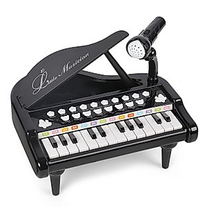 31 Keys,Kids Grand Piano Keyboard Toy for Beginners,3 4 5 6 Years Old Toddler Girl Boy First Birthday Gift,Musical Instrument,w/Microphone,Multiple Sounds,Note Stickers,Recordings,Connecting MP3,Black