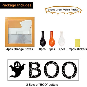 Halloween Balloon Boxes Decorations - Orange Transparent Box for Halloween Baby Shower, Birthday Party Decorations - Includes 4 Box Blocks, Black Ghost Boo Letter Stickers, 20 Latex Balloons