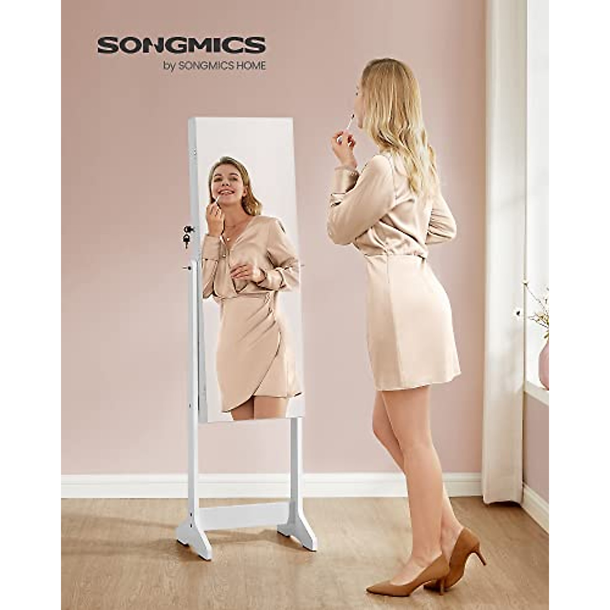 SONGMICS Mirror Jewelry Cabinet Standing Armoire Organizer, Jewelry Storage with Full-Length Frameless LED Lights, Built-in Makeup Mirror, 2 Drawers, Lockable, White UJJC023W01