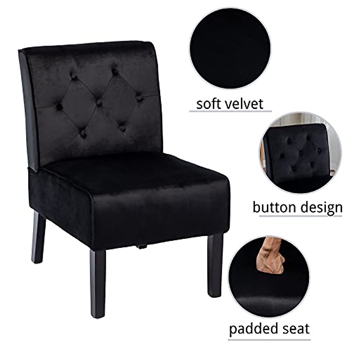 Freemax Velvet Fabric Accent Chair Armless Leisure Side Chair Cute Decorative Slipper Chair Small Tufted Single Sofa Chair for Living Room Bedroom Office Reading Room Nook (Black)