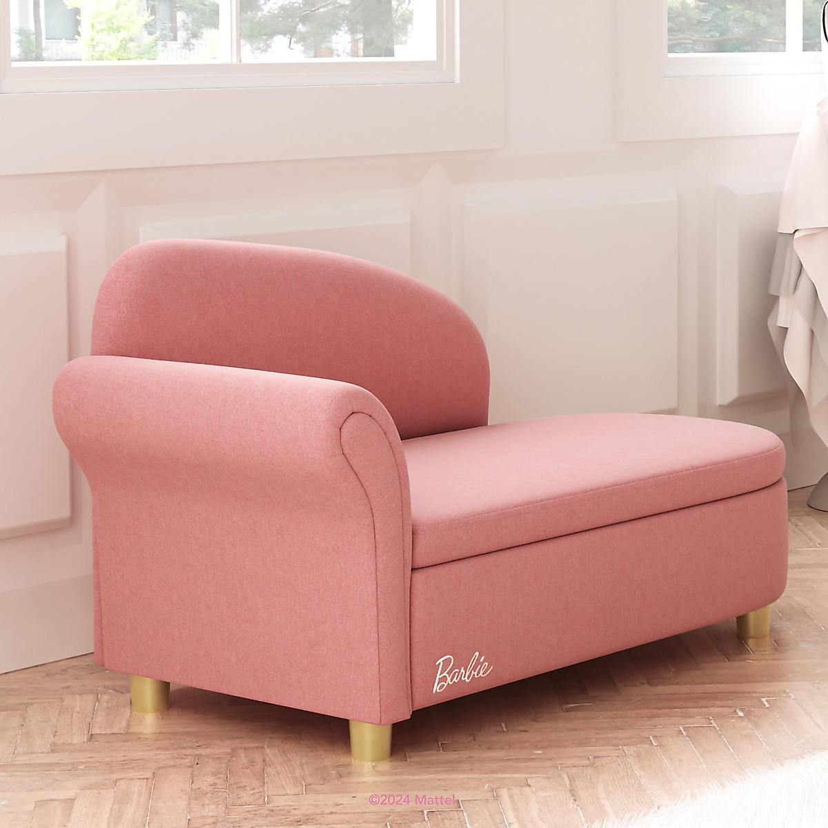 Evolur Barbie Dream in Pink Chaise Lounge, Wrapped in Soft & Durable Linen Upholstery, Ample Storage Below The seat, Comfortable Rolled arm Rest with Stylish Raised Back Rest