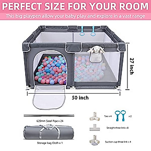 Baby Playpen for Toddler, Large Baby Playard, Babys Fence Play Area, Indoor & Outdoor Playard for Babies Kids Activity Center with Gate, Sturdy Safety Play Yard with Soft Breathable Mesh(Gray,50”×50”)