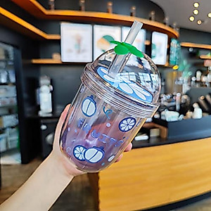 NCDUANSAN Kawaii Double Straw Cup Plastic Thickened Juice Cup Cute Girl Strawberry Watermelon Cup(Strawberry,400ml)