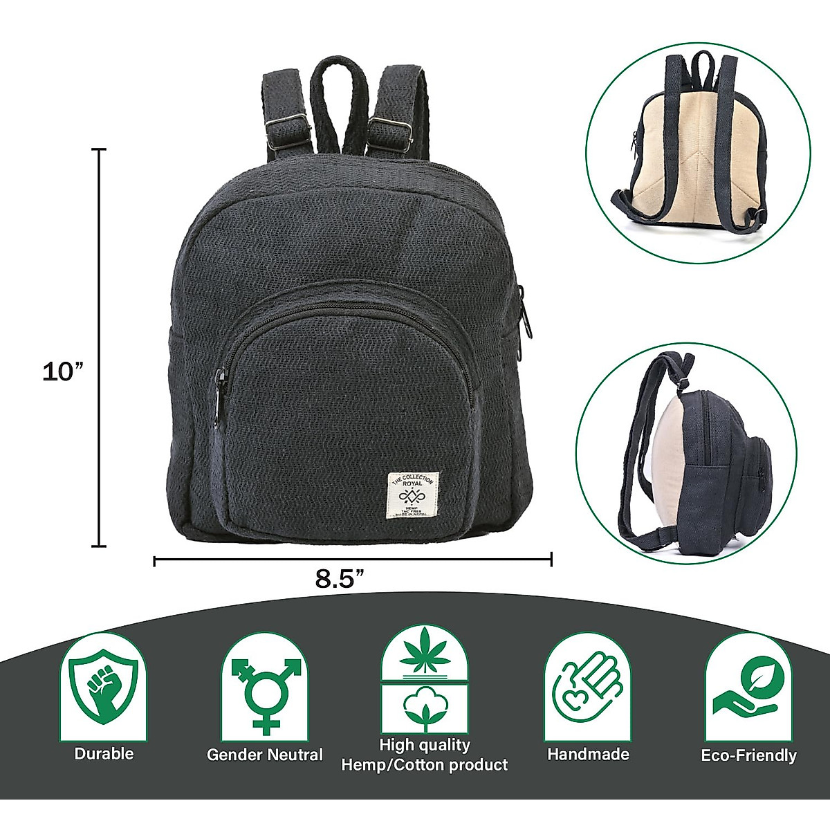 THE COLLECTION ROYAL Himalayan Hemp and Cotton Boho Bohemian Hippie Bag Purse Eco Friendly Mini Solid Backpack