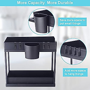 VerkTop Under Sink Organizer, 2-Tier Sliding Under Bathroom Cabinet Storage Drawer Organizer with Hooks,Hanging Cup,Multi-purpose Under Sink Shelf Organizer for Bathroom Kitchen(2pcs)