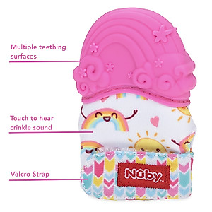 Nuby Happy Hands Silicone Teething Mitten: 3M+, Rainbow, Pink (80725)