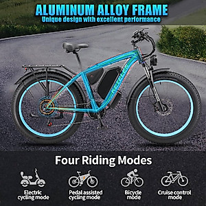 QIKAITU Electric Bike for Adults 1600W 48V 20AH Removable Battery 28MPH 26" x 4" Fat Tire Snow Beach Mountain Ebike with 21-Speed Shifting Gear Hydraulic Disc Brake City Electric Bicycles(Black-Blue)