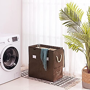 TECHMILLY Double Laundry Hamper with Lid, Large Laundry Basket with 2 Removable Laundry Bags and Pockets, Divided Laundry Hamper 2 Section for Bedroom, Dirty Clothes Hamper with Rope Handles, Brown…