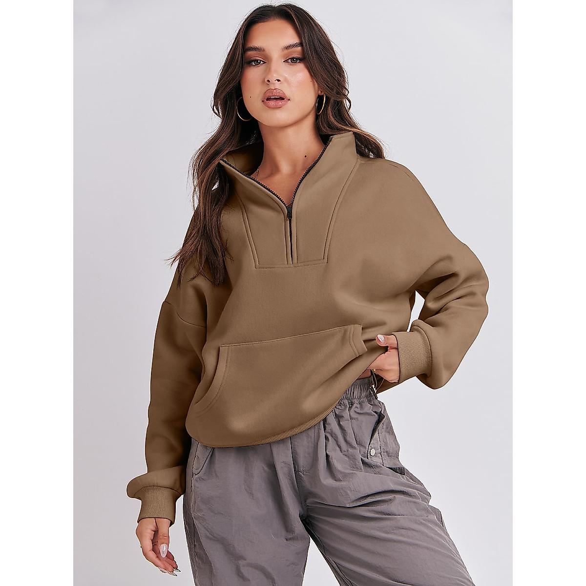 ANRABESS Womens Half Zip Sweatshirts Oversized Crop Pullover 2024 Winter Y2K Fleece Hoodie Sweater Teen Girls Fall Clothes Brown Large