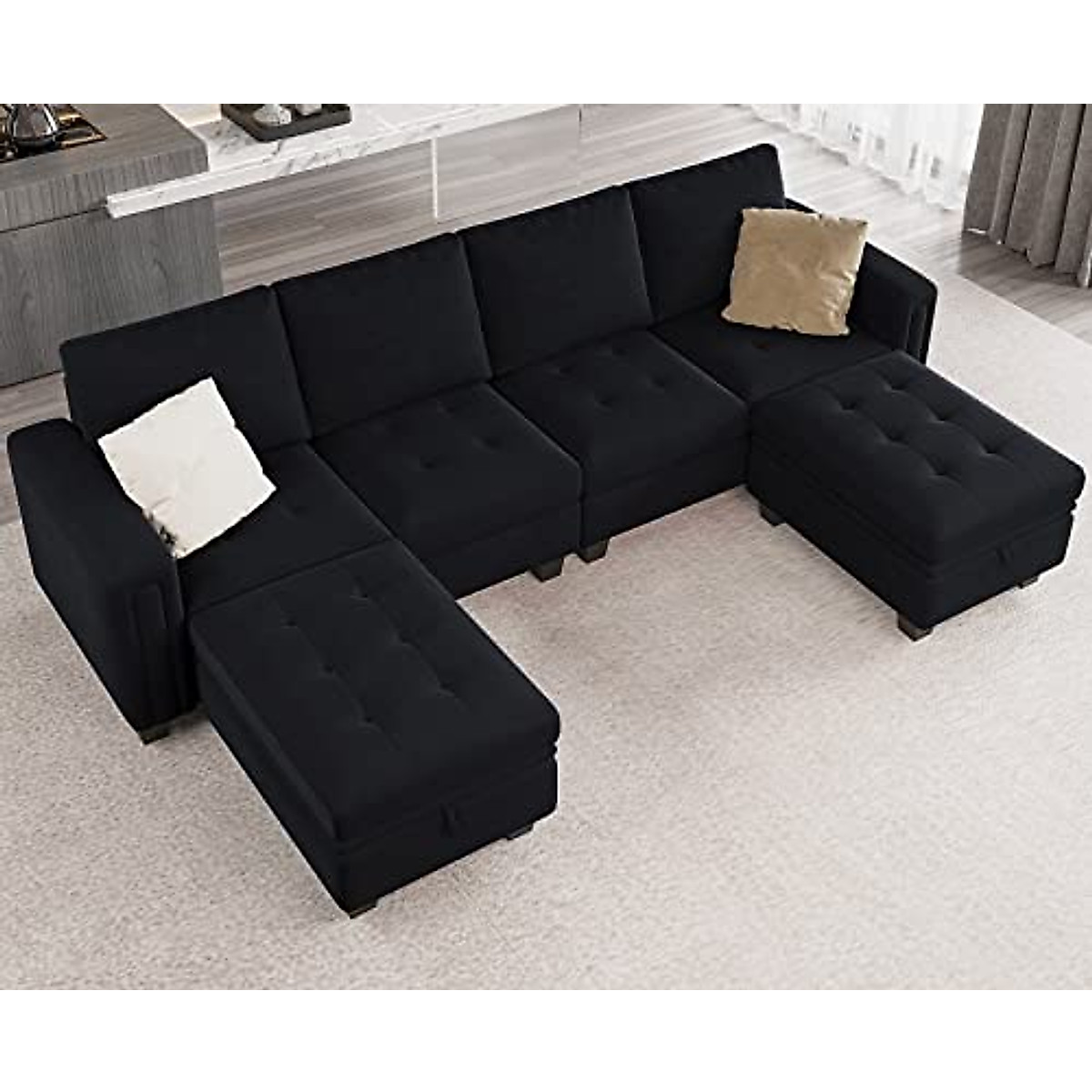 Belffin Velvet U Shaped Sectional Sofa Couch with Storage Ottoman Convertibel Sectional Sofa with Reversible Chaises Black
