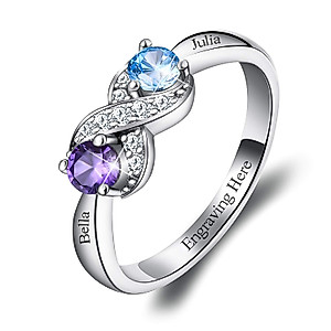 Madeone 925 Sterling Silver 14K Gold Plated Personalized Mother Rings Infinity Gem Rings Customized with 2 Birthstone 2 Names&1 Engraving Wedding Promise Rings Christmas Jewelry Gifts for Women