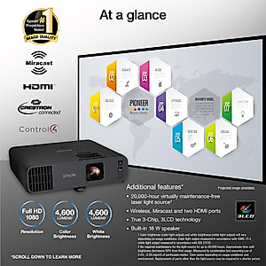 Epson Pro EX11000 3-Chip 3LCD Full HD 1080p Wireless Laser Projector, 4,600 Lumens Color/White Brightness, Miracast, 2 HDMI Ports, USB Power for Streaming, Built-in 16W Speaker