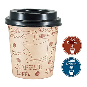 ECODESIGN-US 4 Ounce Disposable Espresso Paper Cups with Black Lids - 50 Sets - Print - Small Portion Sample Shots (50, print)
