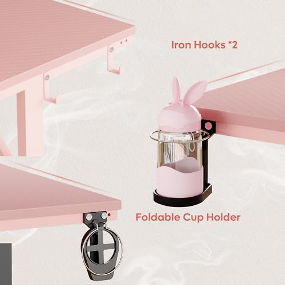 Bestier Small Gaming Desk with Monitor Stand, 42 inch LED Computer Desk, Gamer Workstation with Cup Holder & Headset Hooks, Modern Simple Style Desk for Home Office, Carbon Fiber Pink