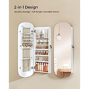 SONGMICS Jewelry Organizer, LED Jewelry Cabinet Wall/Door Mounted, Lockable Rounded Wide Mirror with Storage, Interior Mirror, 3.9 x 16.5 x 42.5 Inches, White Surface with Greige Lining UJJC026W01