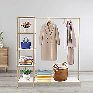 59"x63"Wardrobe Closet System Gold Clothing Rack Cothes Rack Shelf with Wood Shelves, Heavy Duty Metal Garment Rack Floor Standing Commercial Retail Display Hanging Rack for Boutiques, Bedroom