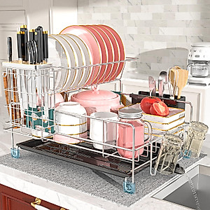 slhsy Dish Drying Rack - Large Capacity Stainless Steel Dish Rack for Kitchen Counter, 2-Tier Detachable Kitchen Organizers and Storage Rack with Drainboard and Cutlery Holder, Silver