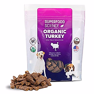 Superfood Science All Natural Organic Turkey Dog Treats with Healthy Human Grade Ingredients, Made in USA, Gluten-Free Training & Rewarding Snacks for Small, Medium, and Large Dogs, 5 Oz, Mini Sticks