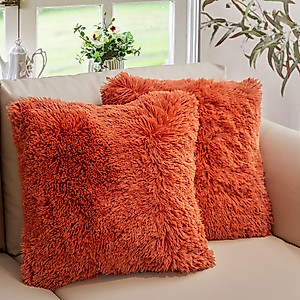 Cheer Collection Throw Pillows for Couch with Inserts Included - Soft Shaggy Long Hair Faux Fur Pillows - Set of 2-20" x 20" - Rust Orange