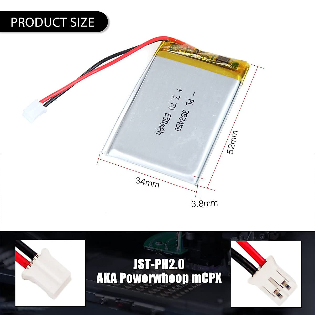 AKZYTUE 3.7V 650mAh 383450 Lipo Battery Rechargeable Lithium Polymer ion Battery Pack with JST Connector