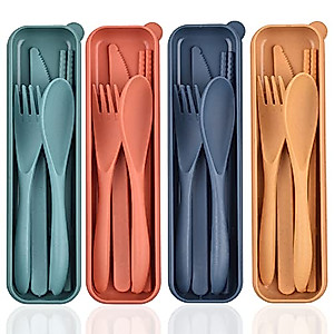 Reusable Utensils Set with Case, 4 Sets Wheat Straw Travel Cutlery Set, Portable Spoon Knife Fork Chopsticks Lunch Box Utensil Set for Kids Adults