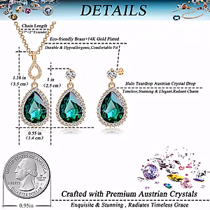 EVEVIC Austrian Crystals Teardrop Pendant Necklace Earrings for Women 14K Gold Plated Hypoallergenic Jewelry Set (Green)