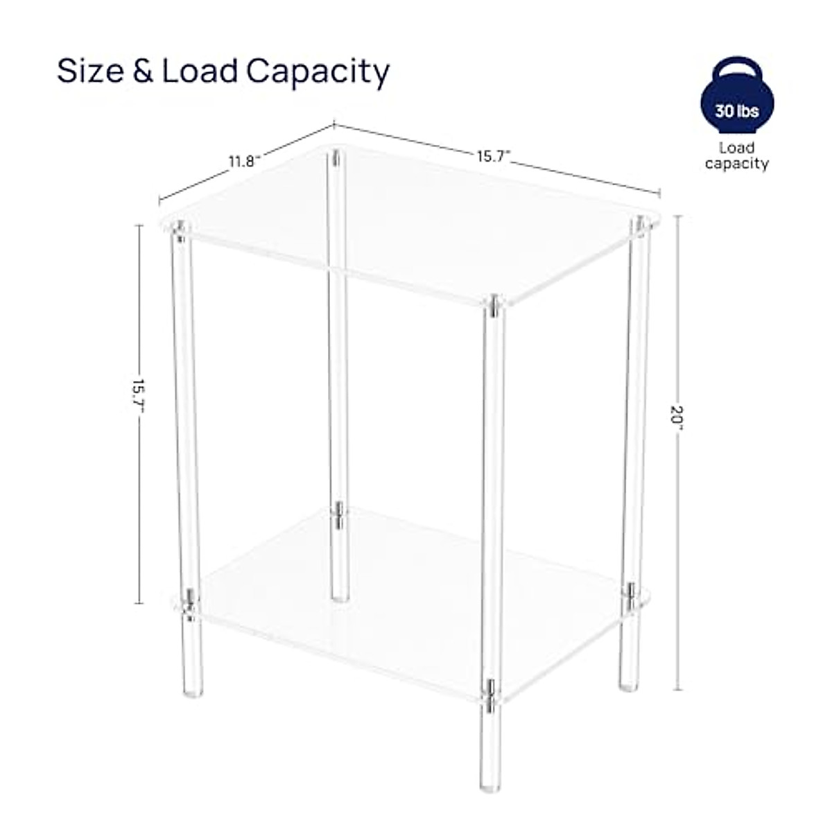 HMYHUM Acrylic Side Table/End Table for Living Room, Small Nightstand/Bedside Table for Bedroom, Home Accent Table, 2-Tier, 15.7" L x 11.8" W x 20" H, Clear