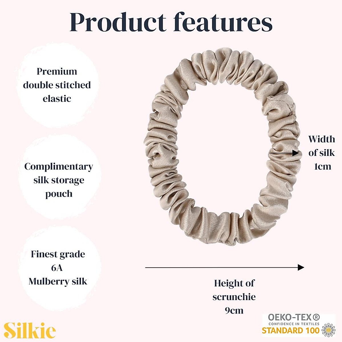SILKIE x4 Set 100% Pure Mulberry Silk Black Brown Chocolate Pink Nude Neutral Skinny Scrunchies Travel Pouch Everyday Hair Ties Elastics Hair Care Ponytail Holder No Damage (Champagne)