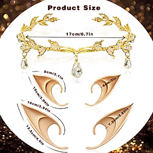 Rhinestone Leaf Wedding Tiara Headband with Fairy Elf Ears,Dress Up Costume Masquerade Accessories-1 Rose Gold Fairy Crown Headband+2 Pairs Cosplay Fairy Pixie Elf Ears for Halloween,Christmas,Wedding,Prom