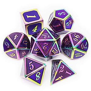 Haxtec Metal DND Dice Set Rainbow Purple D&D 7PCS of D20 D12 D10 D8 D6 D4 for Dungeons and Dragons TTRPG Games