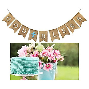 Shimmer Anna Shine Burlap God Bless Banner for Baby Girl Boy Baptism Decorations Christening First Communion Confirmation Baby Shower Wedding Birthday Party Photo Props (Blue)