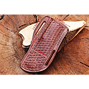 Leather Knife Sheath, Slanted Pancake Sheath, Tooled Leather Sheath, Belt Sheath, Beautiful Cow Boy Bull Cutter Knife Leather Sheath 100% Real Leather and Exotic Cow Hide Sheath - OHM-103 (OHM-103 PANCAKE)