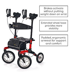 Comodità Tipo Stand Up Advance All Terrain Upright Rollator Walker with Seat and Pneumatic Tires, 4 Wheel Folding Rolling Walker for Adults and Seniors with Cup and Cane Holder, Modena Red