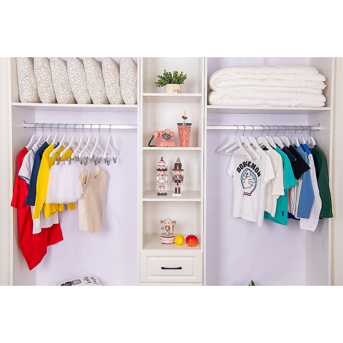 Quality Hangers 20 Pack Kids Skirt Hangers 14 Inches - Junior Preteen Youth Wooden Clothes Hanger with Curved Shoulder Swivel Chrome Hook Adjustable Metallic Clips & Nonslip Notches (White, 20)