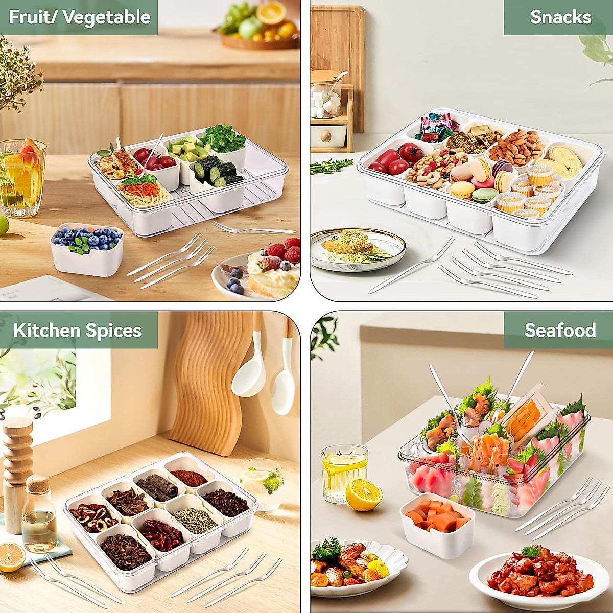 Snackle Box Container,Snack Box Charcuterie Container with 8 Compartments & 5 Forks,Divided Serving Veggie Tray with Lid and Handle,Travel Food Storage Containers for Fruits, Nuts, Cookies, Candies